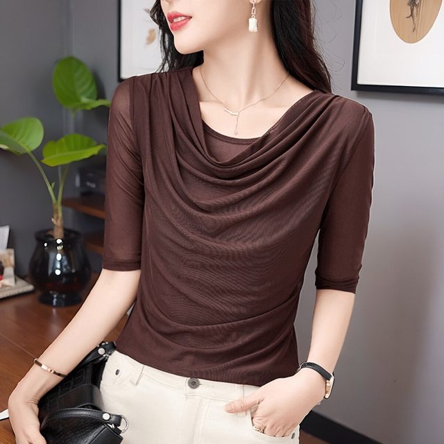 Duoduo Collar Mesh Mesh Middle Sleeve T-shirt for Women 2024 Summer New Fashion Style Slim and ...