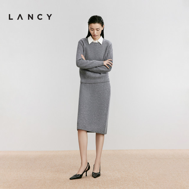 LANCY/Langzi 2024 winter new style wool cashmere round neck gray ...