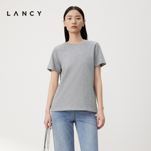 LANCY/Langzi 2024 summer new style gray round neck bright pink short ...