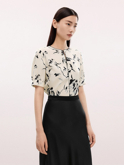 LANCY/Langzi 2025 summer new ink and wash Chinese style printed mulberry silk short-sleeved ...