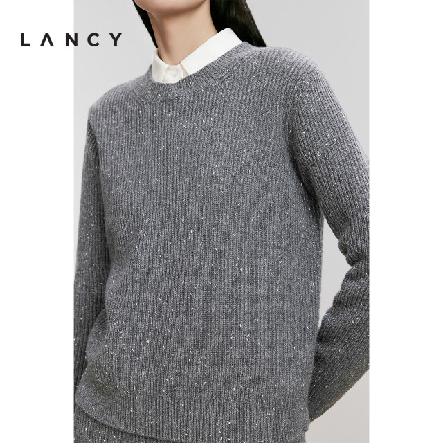 LANCY/Langzi 2024 winter new style wool cashmere round neck gray ...