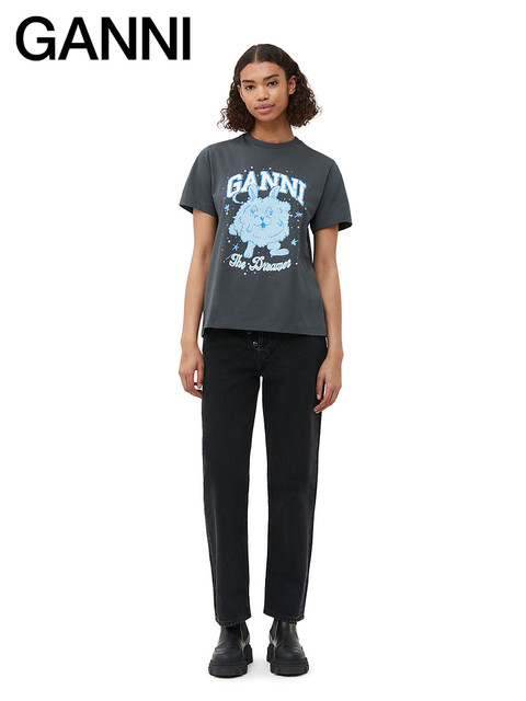 Ganni women's rabbit pattern printing gray round neck short -sleeved T ...
