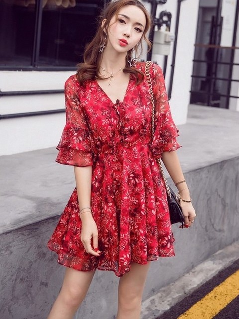 Large -size women's chiffon dress in summer new Korean version of small ...