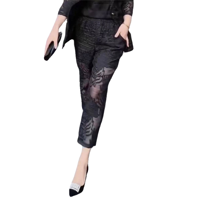 Lace jacquard summer thin nine-point pants, versatile high-waisted ...