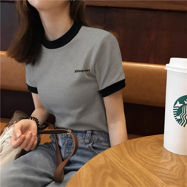 Hong Kong style slim body shirt summer round neck contrast short T ...