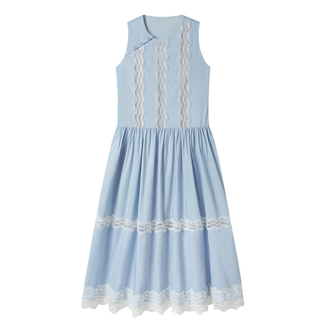 DIDDIMODA lace spliced round neck long skirt with diagonal placket ...