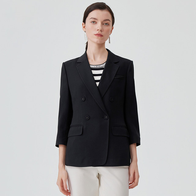 Yingzhishang black acetate three-quarter sleeve blazer women's high-end 2024 new summer suit ...