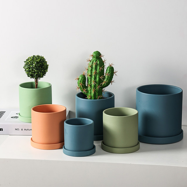 Morandi pure color matte ceramic flowerpot with tray Nordic large home ...