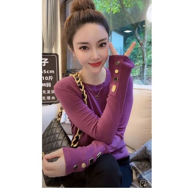 Solid color top female T -shirt cuffs, buttons round collar bottoming ...