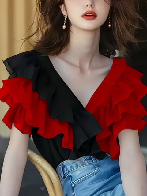 French Ruffled V-Neck Short-Sleeved Shirt for Women, Unique and Chic ...