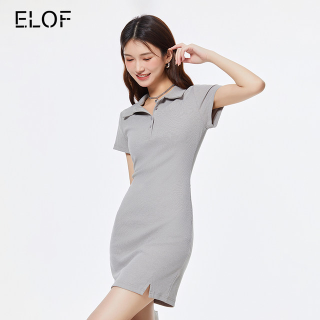 ELOF spring and summer new black slit polo collar high-end dress for ...