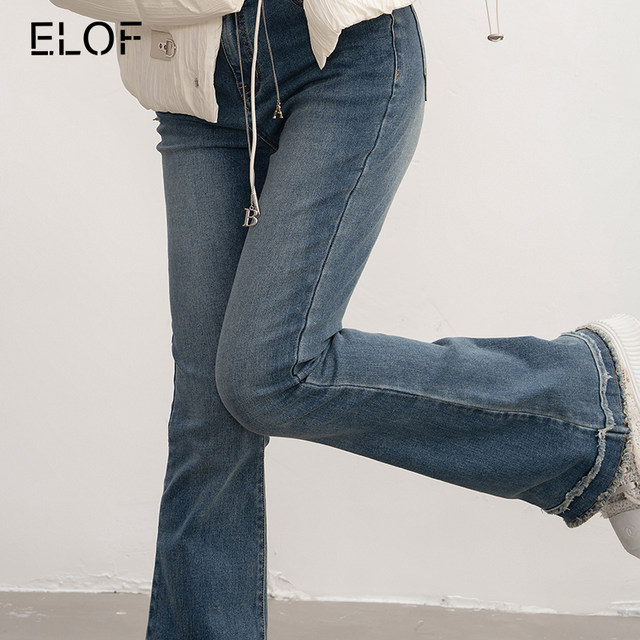 ELOF high-waisted woolen jeans for women, blue trousers, casual, narrow ...