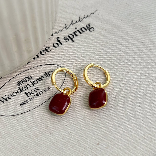 Simple square earrings for women sterling silver niche design high-end new year red earrings ...