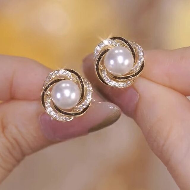 French rotary striped pearl stud earrings for women sterling silver ...