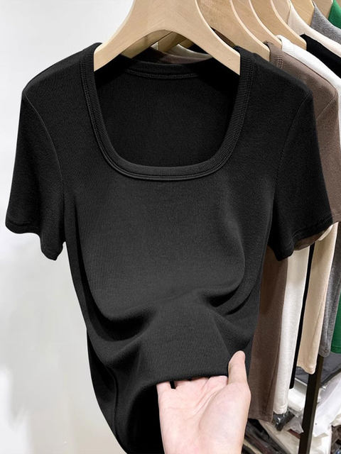 Threaded cotton square round neck short-sleeved T-shirt for women 2025 ...