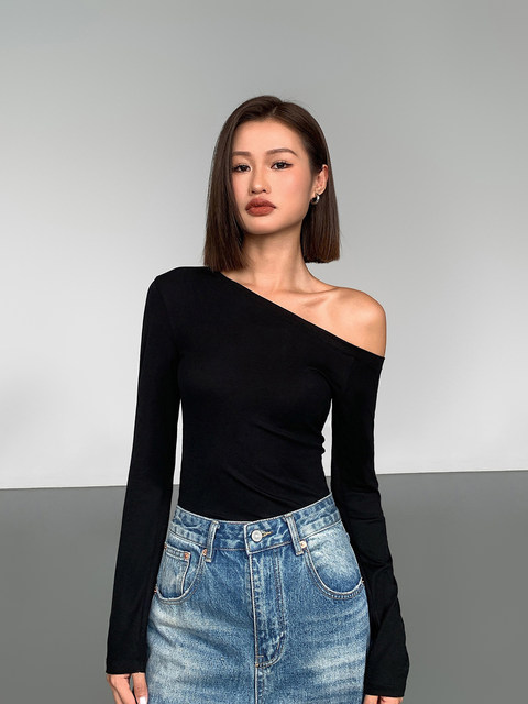 ousph knitted long-sleeved slanted shoulder T-shirt women's autumn and ...