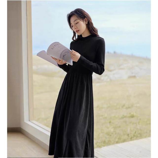 Inumon black knitting base dress female 2023 autumn and winter new ...