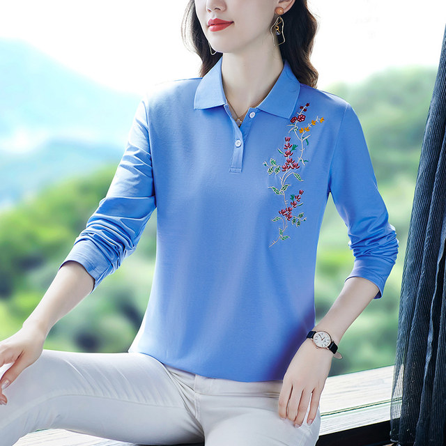 Embroidered long -sleeved POLO shirt Female Spring Ocean Qi Mom T ...