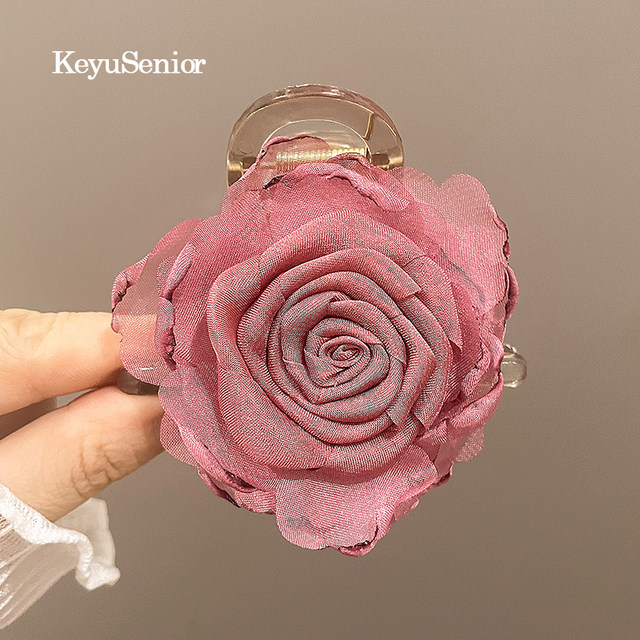Red dry roses grab camellia hair clip for women on the back of the head, flower, half-tied hair ...