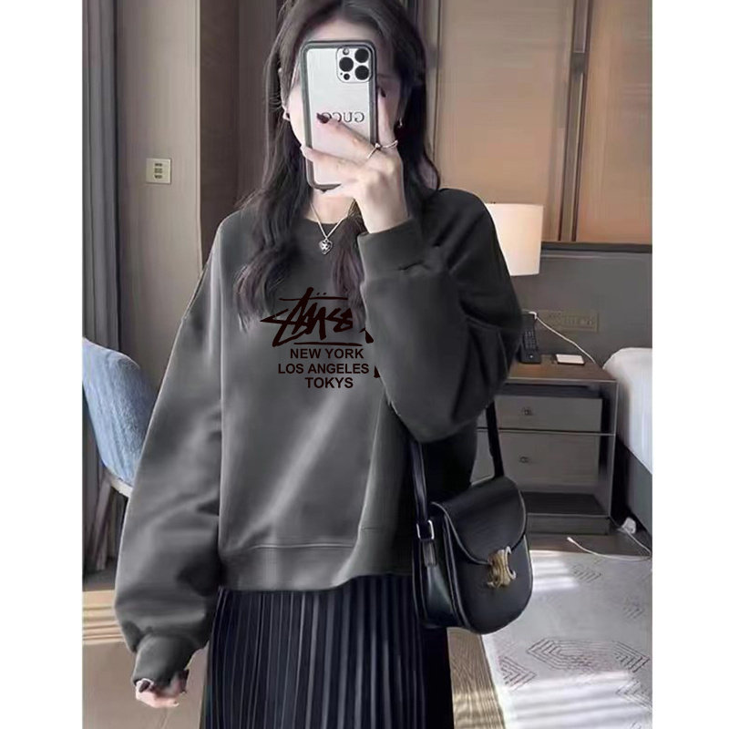Chic Hong Kong style petite short round neck sweatshirt women's autumn ...