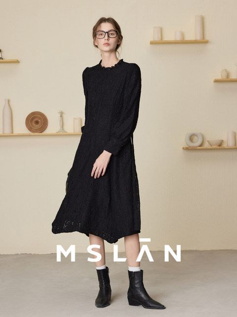MSLAN Spring French Temperament Waist-Close Black Lace Dress MEDE4112