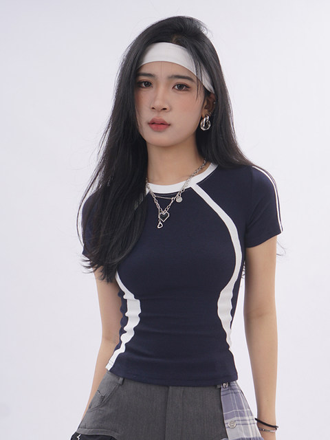 American high street sports style contrasting line short-sleeved T ...