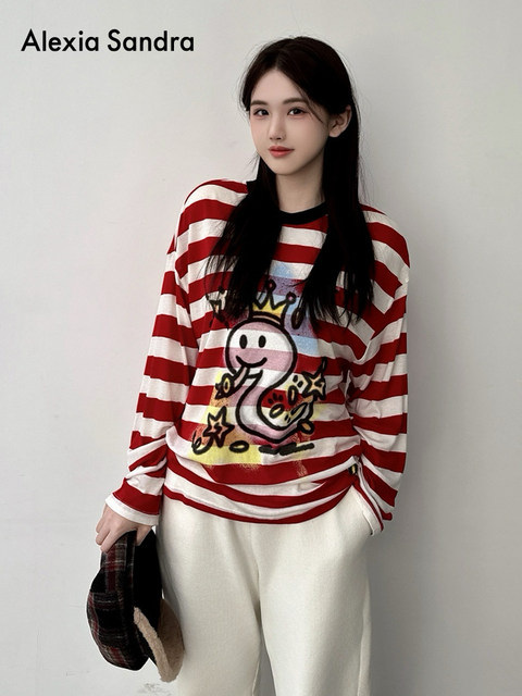 Alexia Sandra Spring 2025 New Year Little God of Wealth Greedy Snake Wool Long Sleeve T