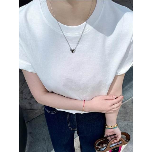 Practical Wear~Basic Slim Cotton Round Neck Right Shoulder Short Sleeve ...