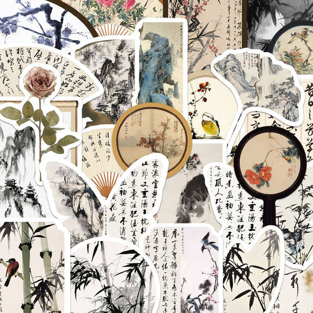 60 pieces of Qingfeng ink painting retro Chinese style stickers ink ...