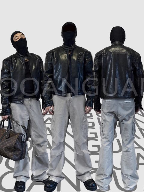 Retro boxy men's American street leather jacket autumn and winter PU ...