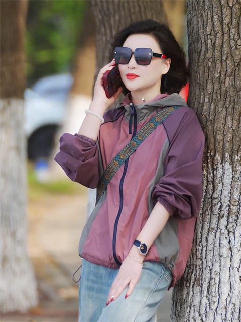 Color-blocking two-sided long-sleeved thin hooded jacket for women 2025 ...