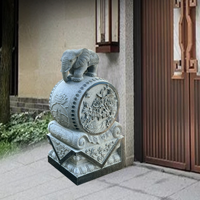 Paire de Tambour d'Éléphant en Pierre Chinoise et Pixiu - Décoration de ...