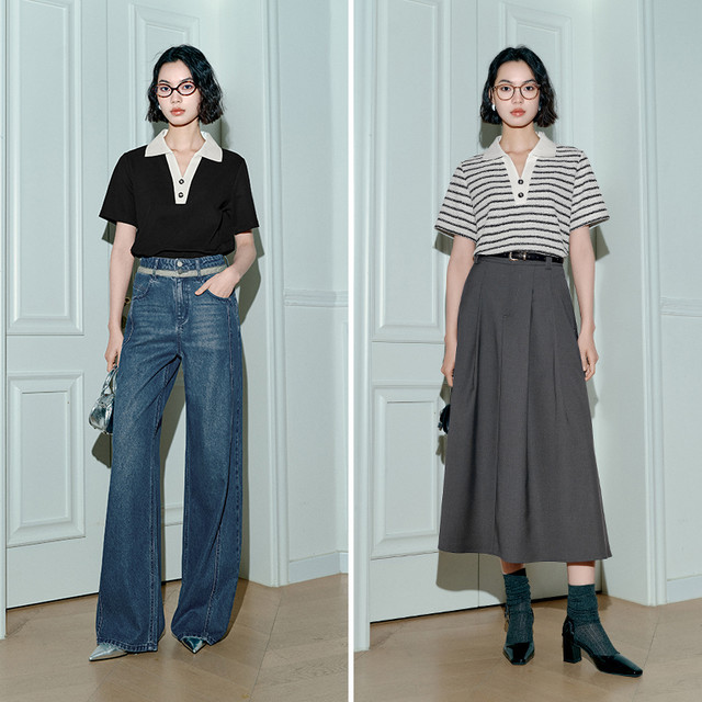 Evili's contrasting V -neck Polo collar short -sleeved T -shirt 2024 ...