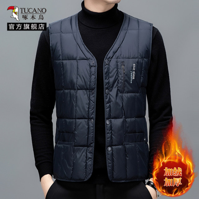 Down cotton vest men's 2024 winter middle-aged and elderly warm plus velvet thickened lamb's ...