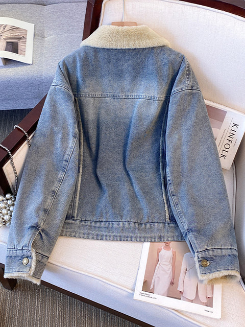 Lathar Bell plus velvet thick denim outer jacket female 2024 autumn and ...
