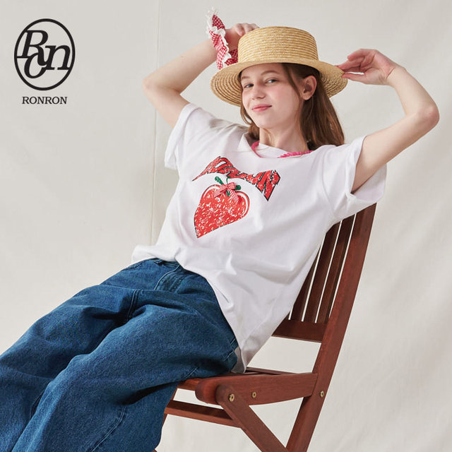 RONRON 2024 new summer short-sleeved Korean style loose round neck white logo