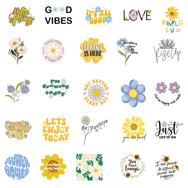 50 small fresh daisy text stickers, yellow flowers, sunflowers ...