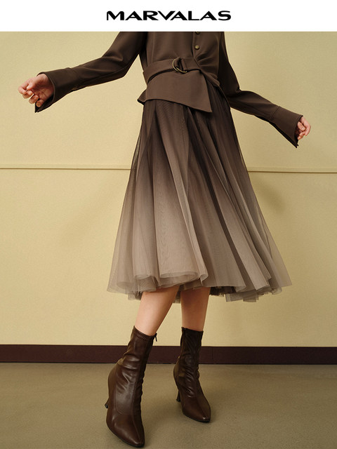 Mandesy spliced mesh dress 2025 spring new retro gradient color skirt ...