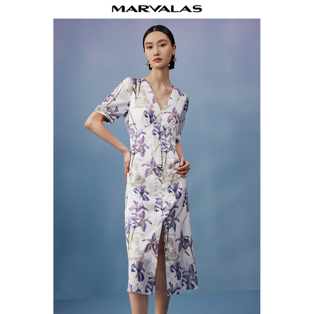 Mande Shi retro V -neck dress 2024 Summer new short -sleeved waist ...