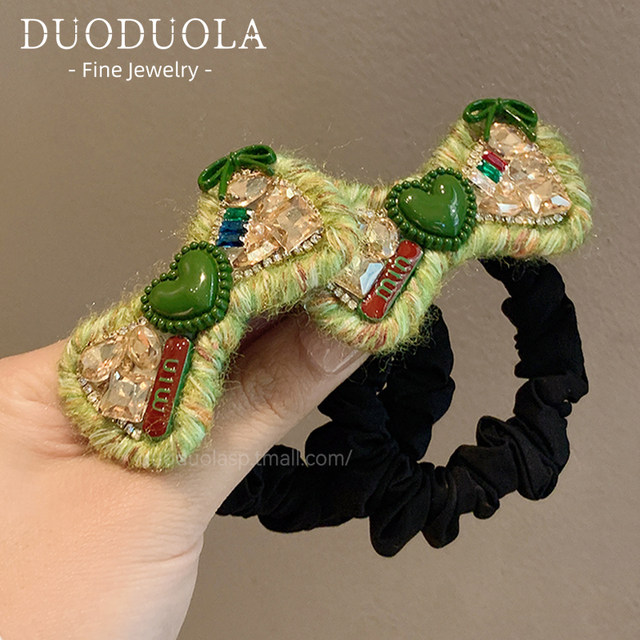 2025 new green love wool bow hair rope high-quality rubber band high ...
