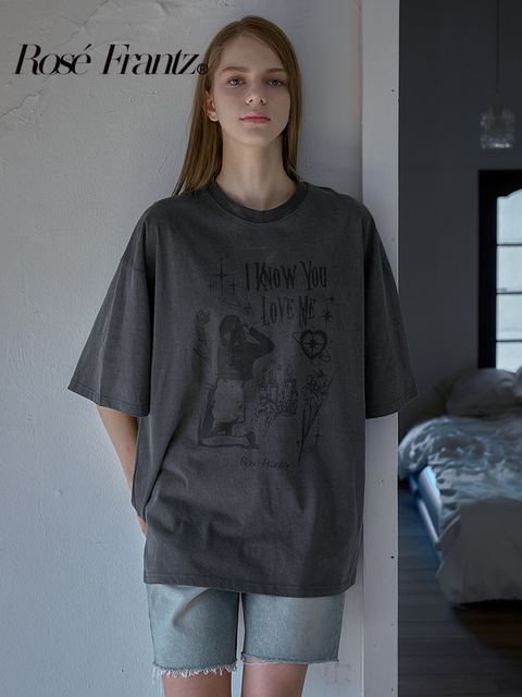 Rose Frantz summer trendy brand loose printed cotton short-sleeved T ...