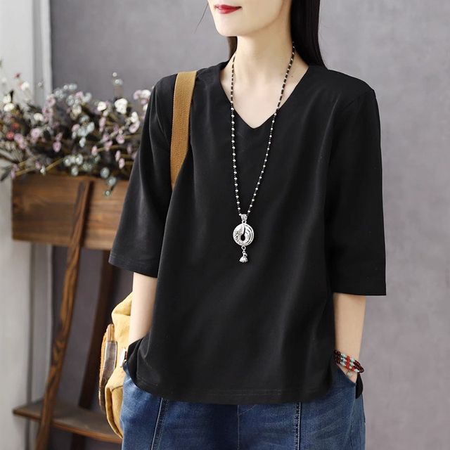 White seven -point sleeve T -shirt Ms. 2024 Summer Simple Simple Zen ...