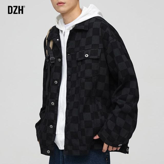 Men's Black Chess Board Glustion Jacket Men's Autumn Trend Bargaining ...