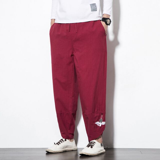 Chinese style Tang suit men's pants summer embroidered nine-point pants ...