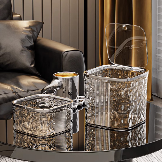 Desktop trash can with water ripples, high-looking kitchen countertop, dining table, coffee ...
