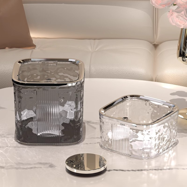 Desktop trash can with water ripples, high-looking kitchen countertop, dining table, coffee ...