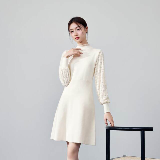 Qiushui Yiren half-high collar lace knitted A-line dress winter 2024 ...