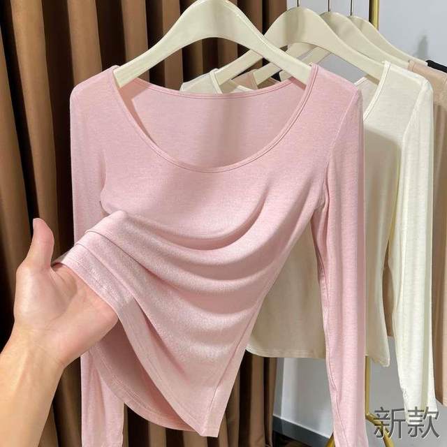 Pink large round neck inner bottoming shirt 2 spring and autumn women's ...