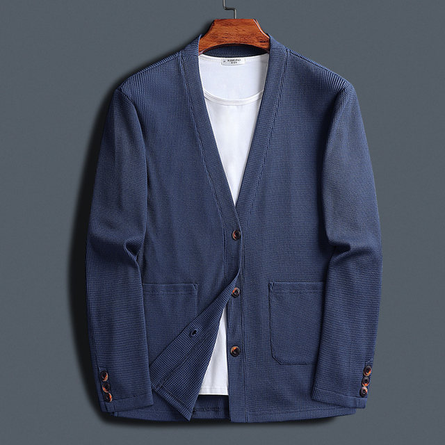 Collarless suit sweater jacket Male spring and autumn cotton cardigan short suit knit sweater ...