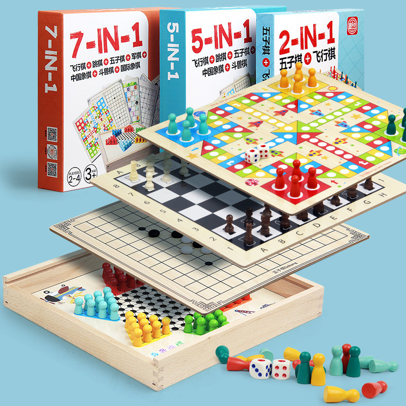 Flying Chess, Checkers, and Backgammon Wooden Chessboard Set